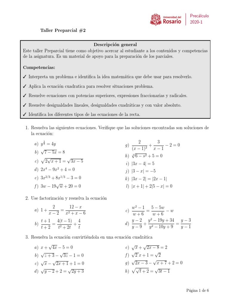 Taller 2 Preparcial Precalculo 2020-1 | PDF | Línea (geometría) | Pendiente