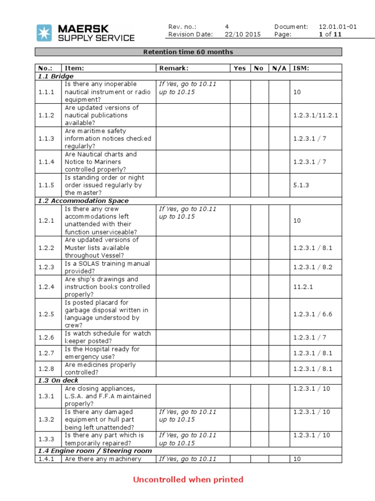 ISM Audit Checklist for Vessels | PDF | Oil Tanker | Emergency