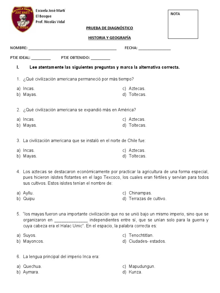 Prueba de Diagnostico Historia | PDF | Imperio Inca | Civilización maya