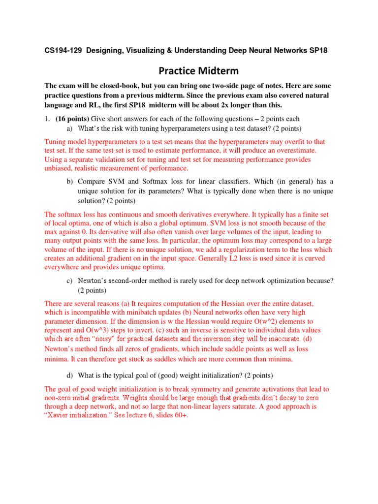 SP18 Practice Midterm | PDF | Mathematical Optimization | Artificial Neural Network