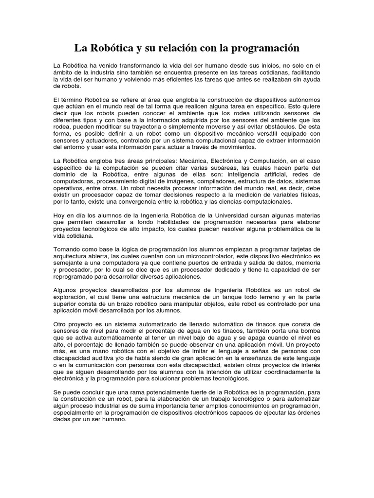 La Robótica y Su Relación Con La Programación | PDF | Robótica | Robot