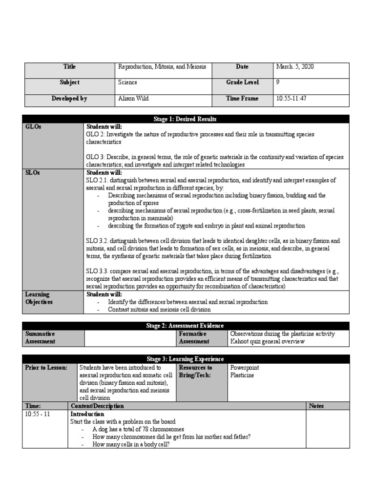 Plasticine Cell Division Lesson Plan - Mar 5 1 | PDF | Sexual ...