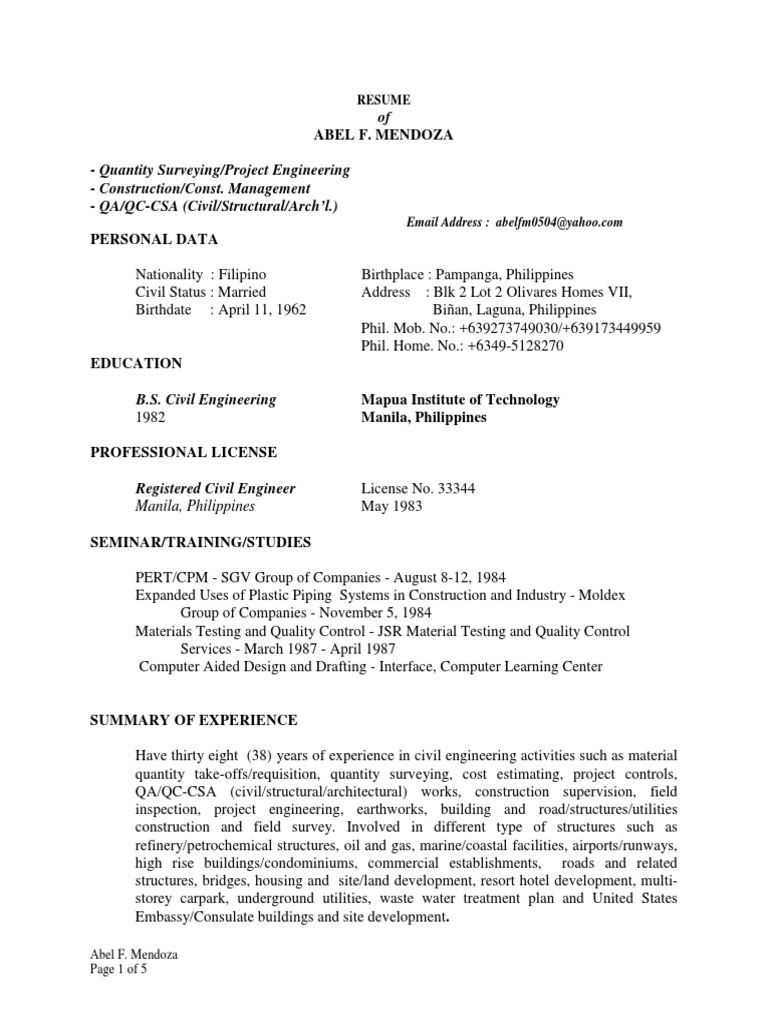 CV - Abel F. Mendoza-QS, Jan2020 PDF | PDF | Specification (Technical Standard) | Engineering