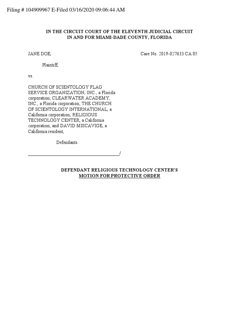 Jane Doe v. Scientology: RTC's Motion For Protective Order | PDF ...