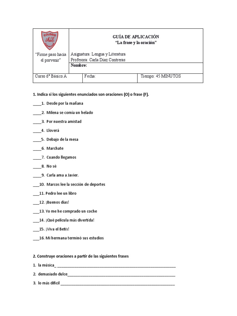 La Oración y La Frase Guía de Aplicación 6° Básico | PDF