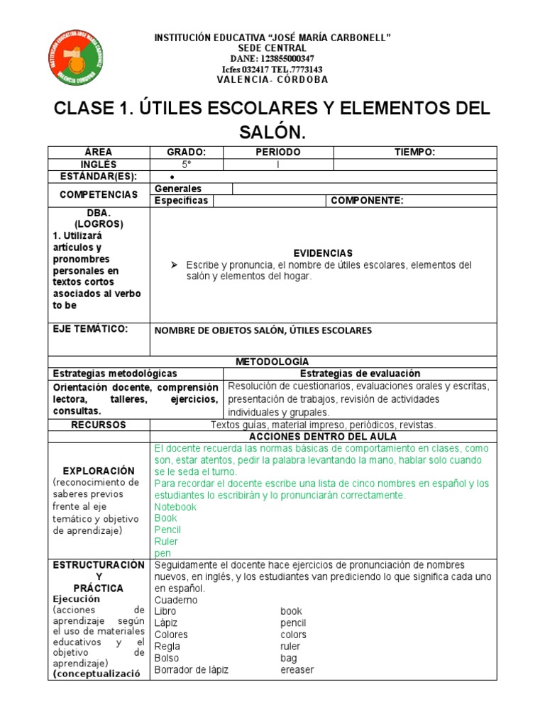 Clase 1. Utiles Escolares y Elementos Del Salon | PDF | Modificación de ...