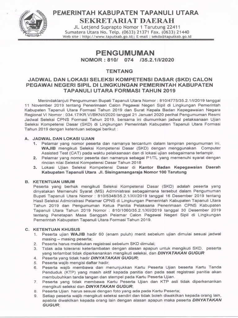 Pengumuman Jadwal Dan Lokasi Seleksi Kompetensi Dasar (SKD) Calon Pegawai Negeri Sipil Di ...