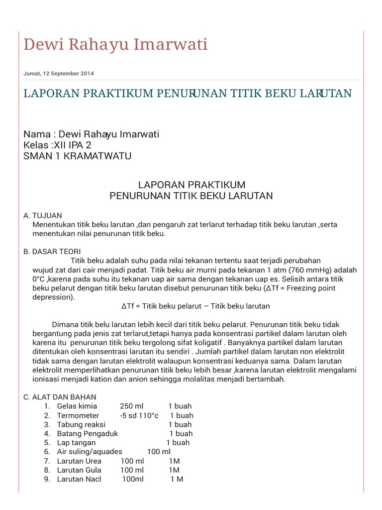 Dewi Rahayu Imarwati LAPORAN PRAKTIKUM PENURUNAN TITIK BEKU LARUTAN | PDF