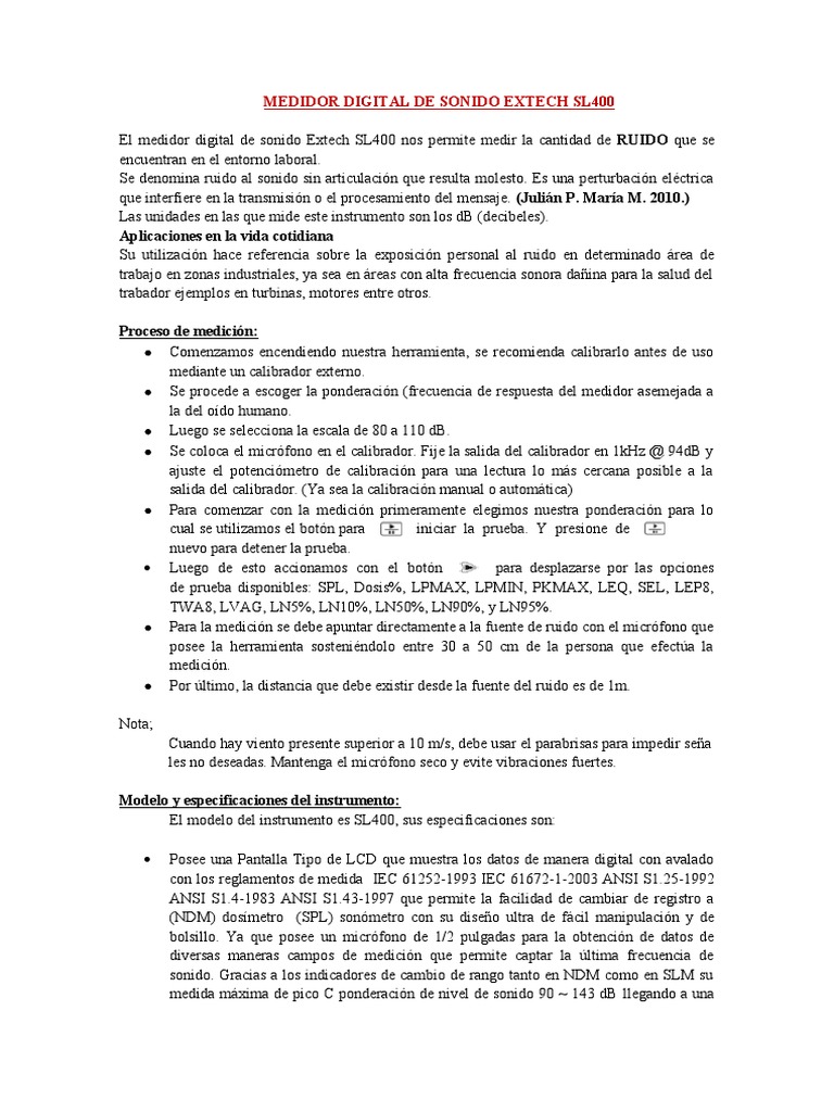 Medidor de Sonido Extech SL400: Especificaciones y Uso | PDF ...