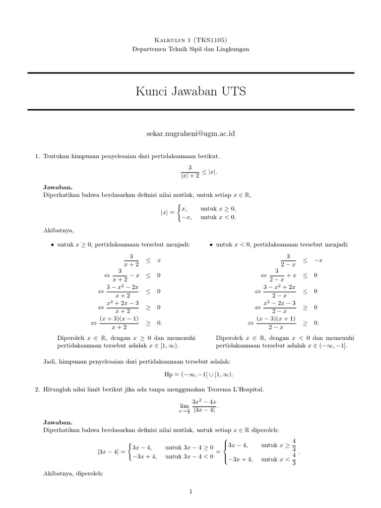 Jawaban UTS Kalkulus 1 Teknik Sipil PDF | PDF