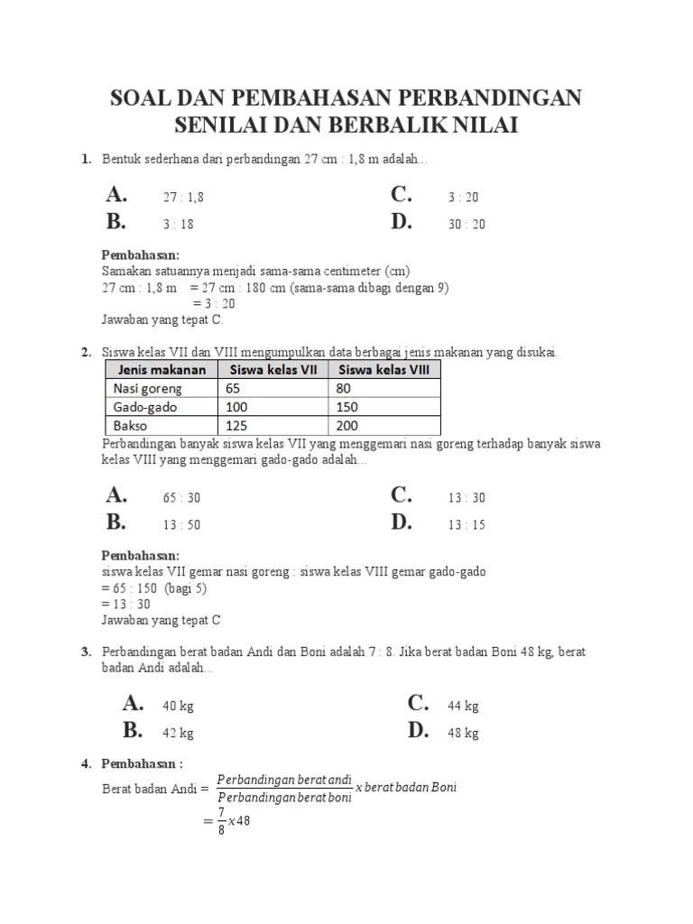 Soal Dan Pembahasan Perbandingan Senilai Dan Berbalik Nilai | PDF