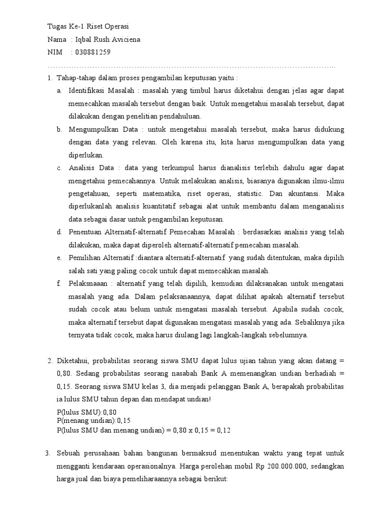 Tugas Ke 1 Riset Operasi | PDF