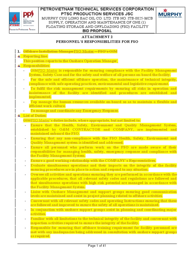 FSO Personnel Responsibilities | PDF | Oil Tanker | Offshore Drilling