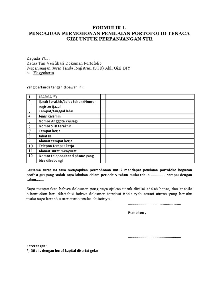 Formulir Perpanjangan STR Gizi | PDF