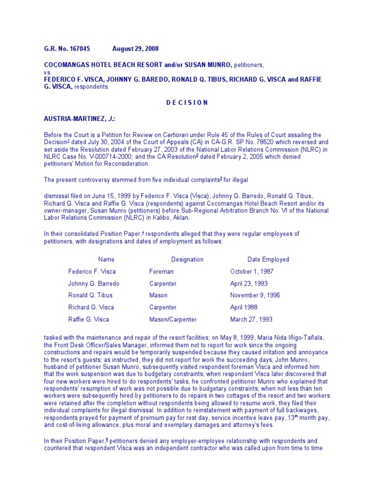 Cocomangas Hotel Beach Resort Vs Visca | PDF | Certiorari | Employment