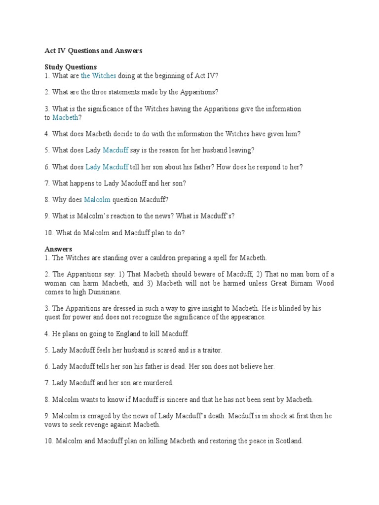 Act IV Macbeth: Questions & Answers | PDF
