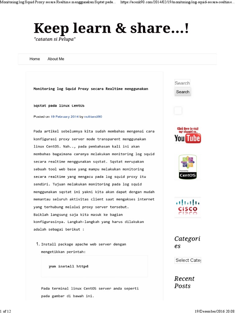 Monitoring Log Squid Proxy Secara Realtime Menggunakan Sqstat Pada Linux CentOS PDF | PDF