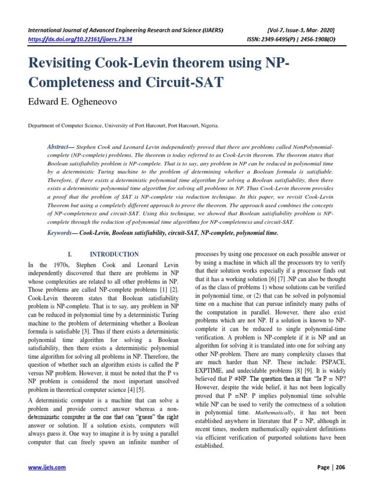 Revisiting Cook-Levin Theorem Using NP-Completeness and Circuit-SAT | PDF | Computational ...