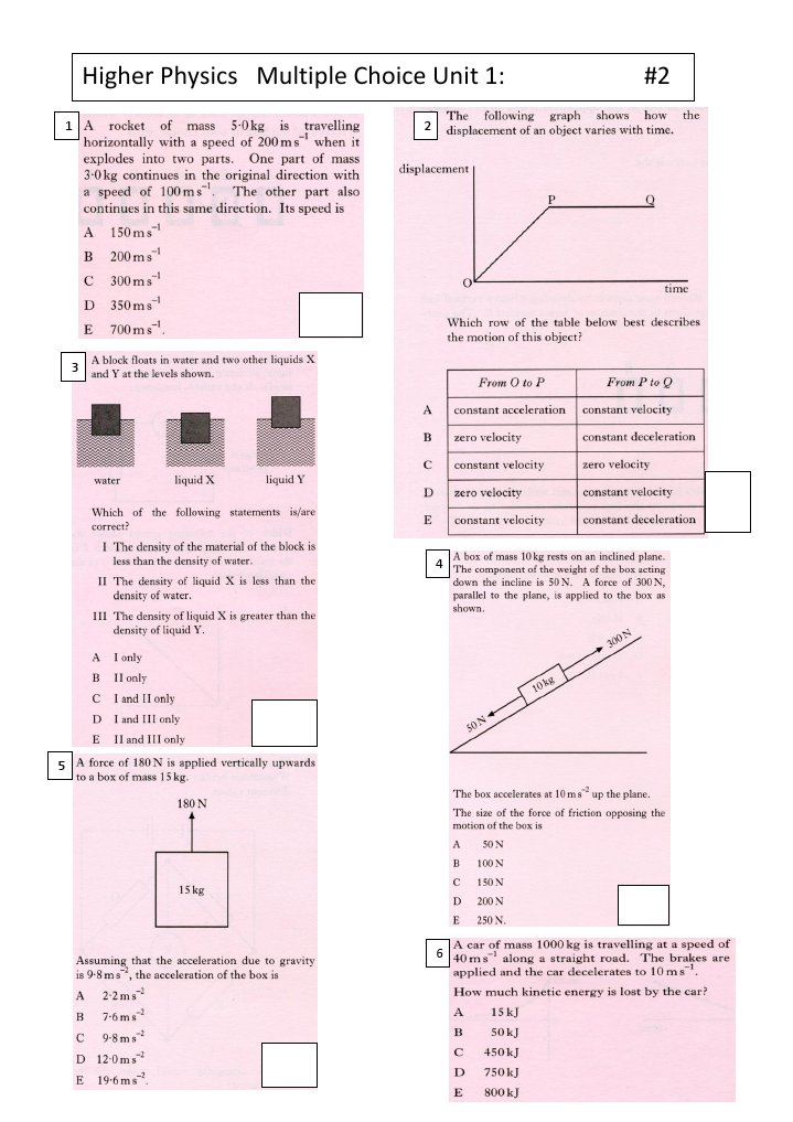 Higher Physics Multiple Choice Unit 1: #2 | PDF