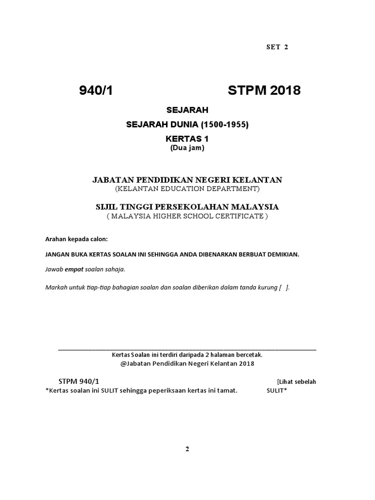 Soalan Dan Skema Sej STPM P1 (Set 2) | PDF