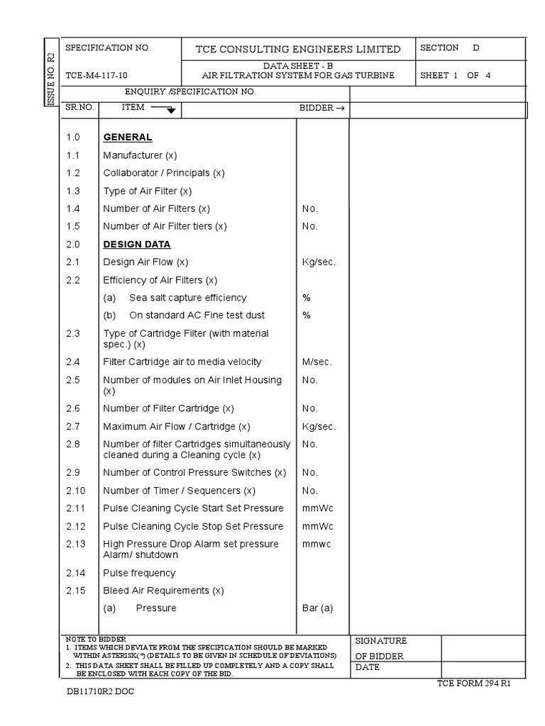 Gas Turbine Air Filtration Specifications | PDF | Filtration ...