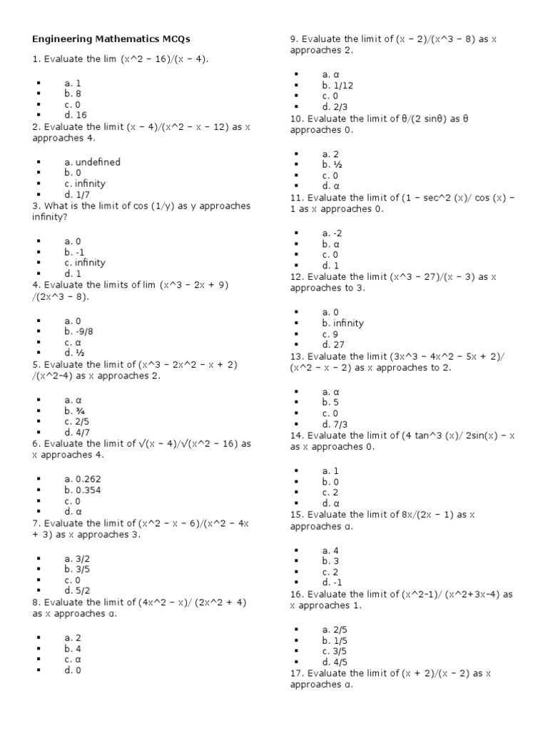 Engineering Mathematics MCQs (PinoyBix) | PDF | Tangent | Slope