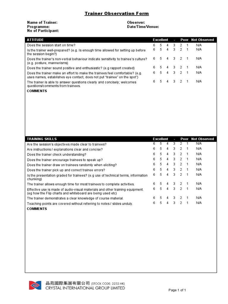 Trainer Observation Form | PDF | Psychology | Communication