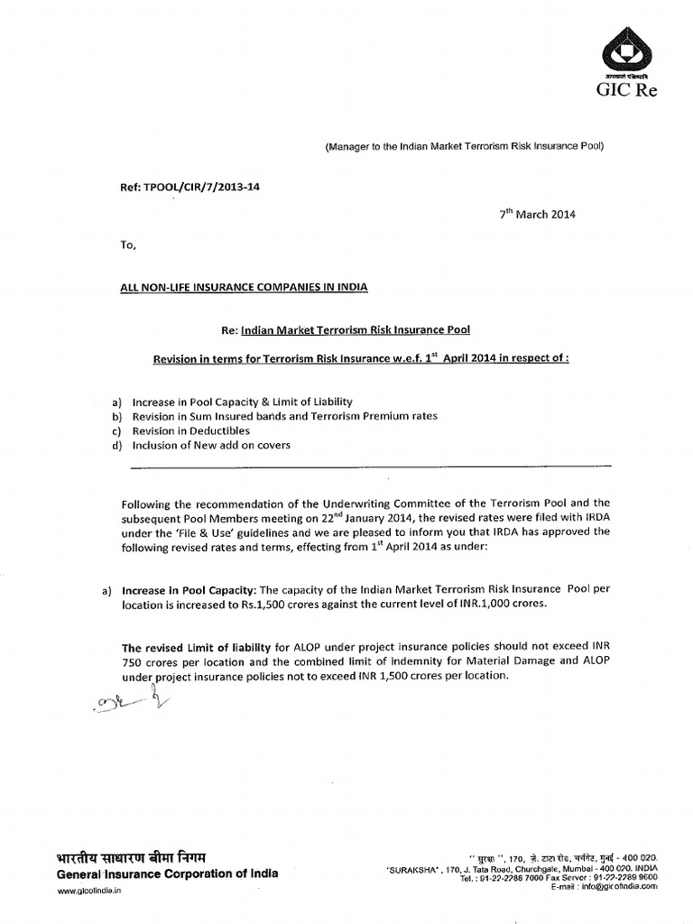 Circular On Terrorism Risk Insurance Pool Revision in Terms W.E.F. 01. ...