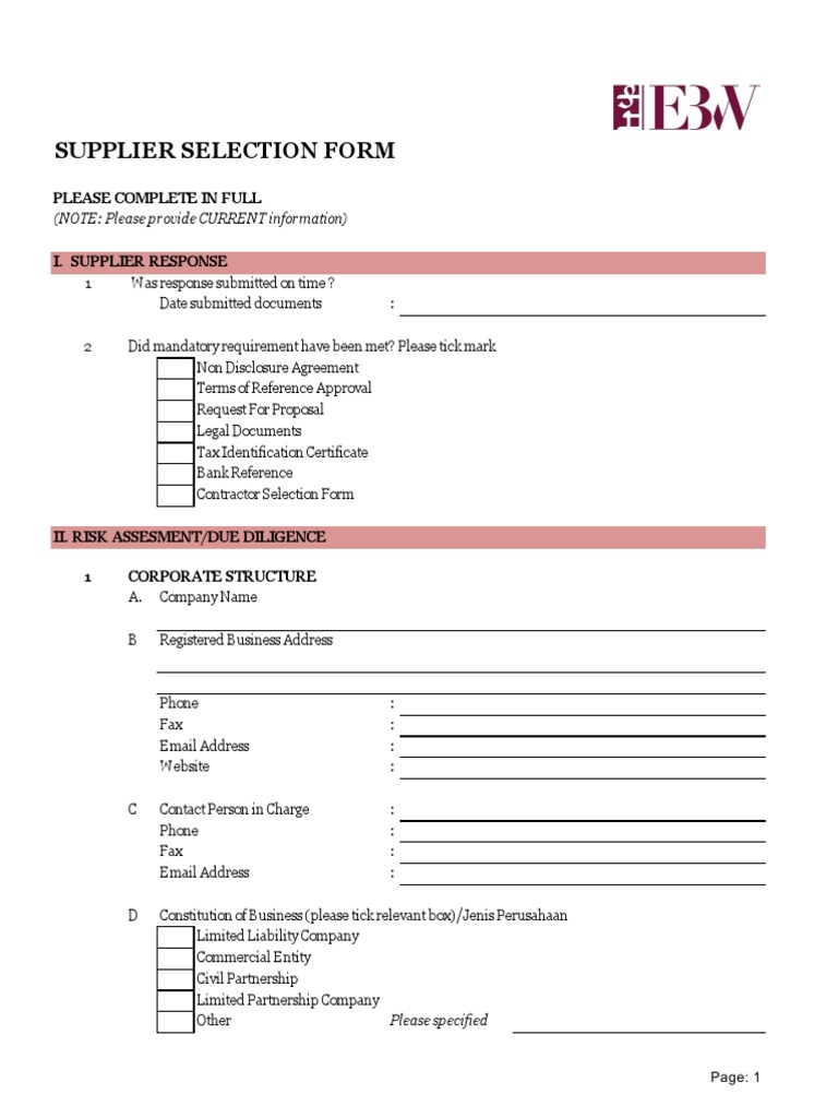 Supplier Selection Form Template | PDF | Identity Document | Banks