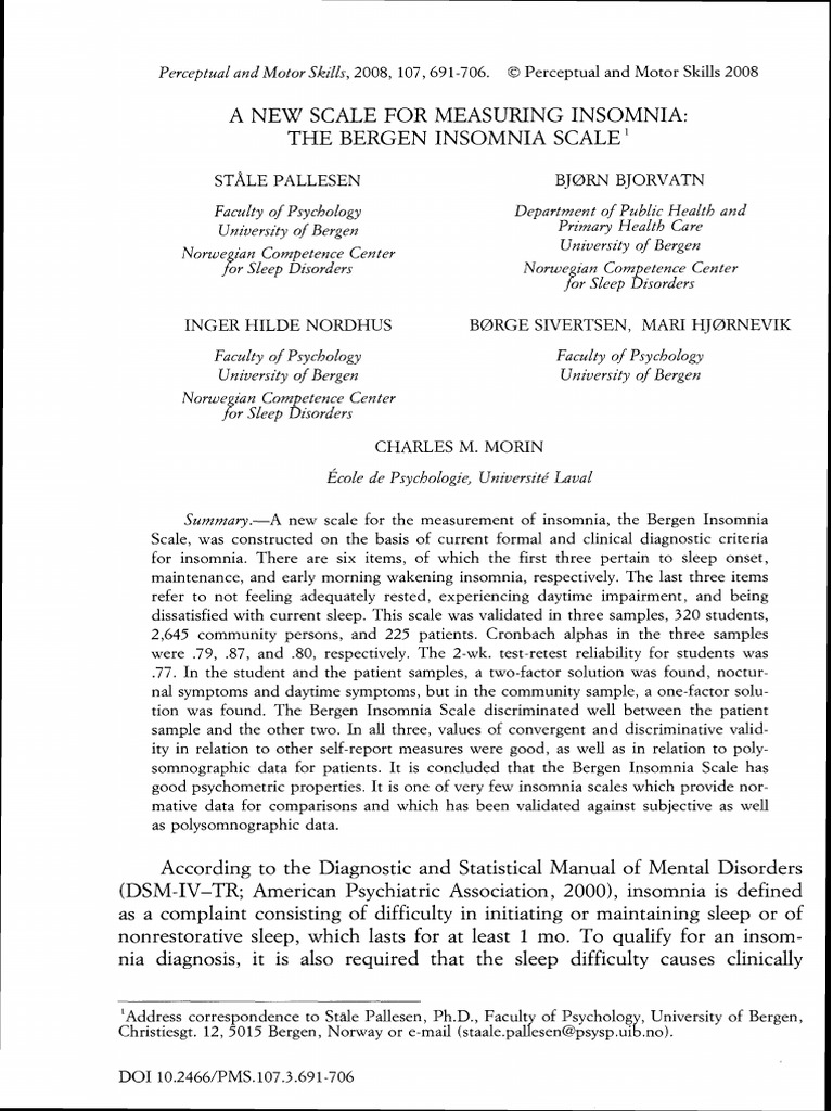 A New Scale For Measuring Insomnia-The Bergen Insomnia Scale PDF | PDF ...