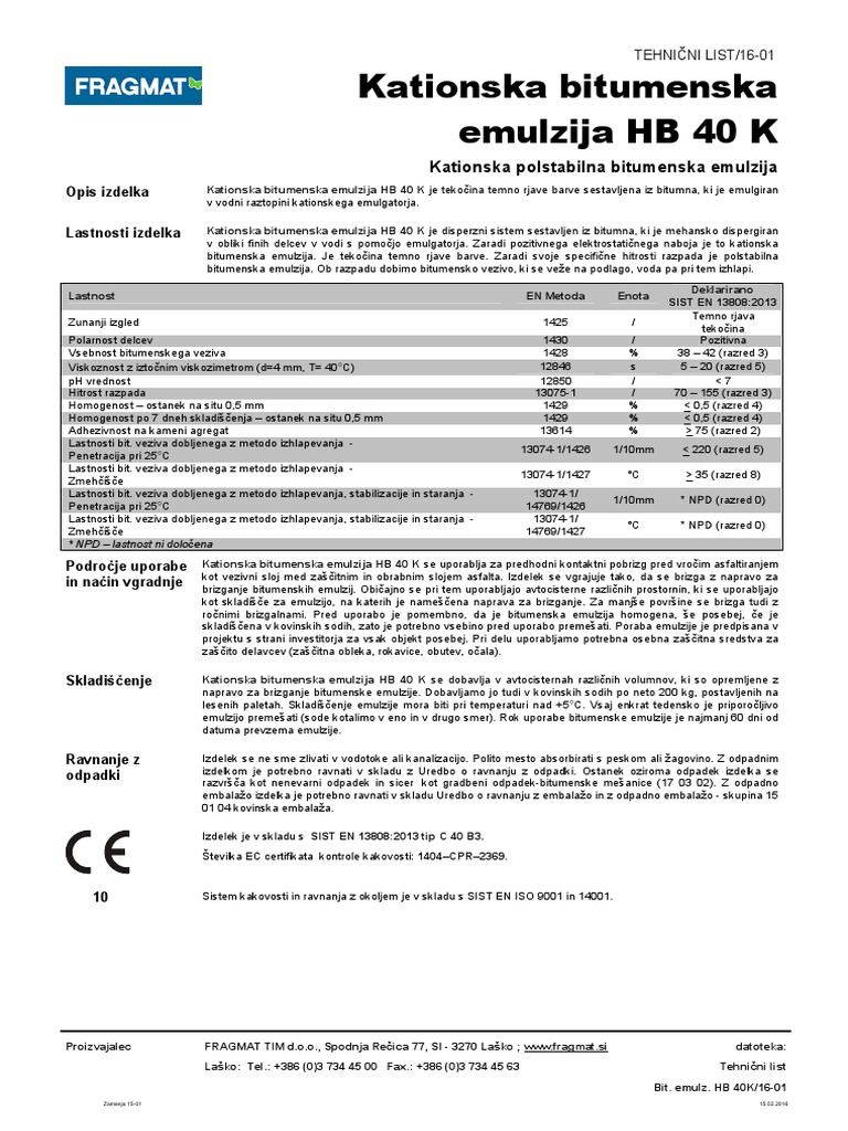 BITUMENSKA EMULZIJA HB 40K Tehnicni List | PDF