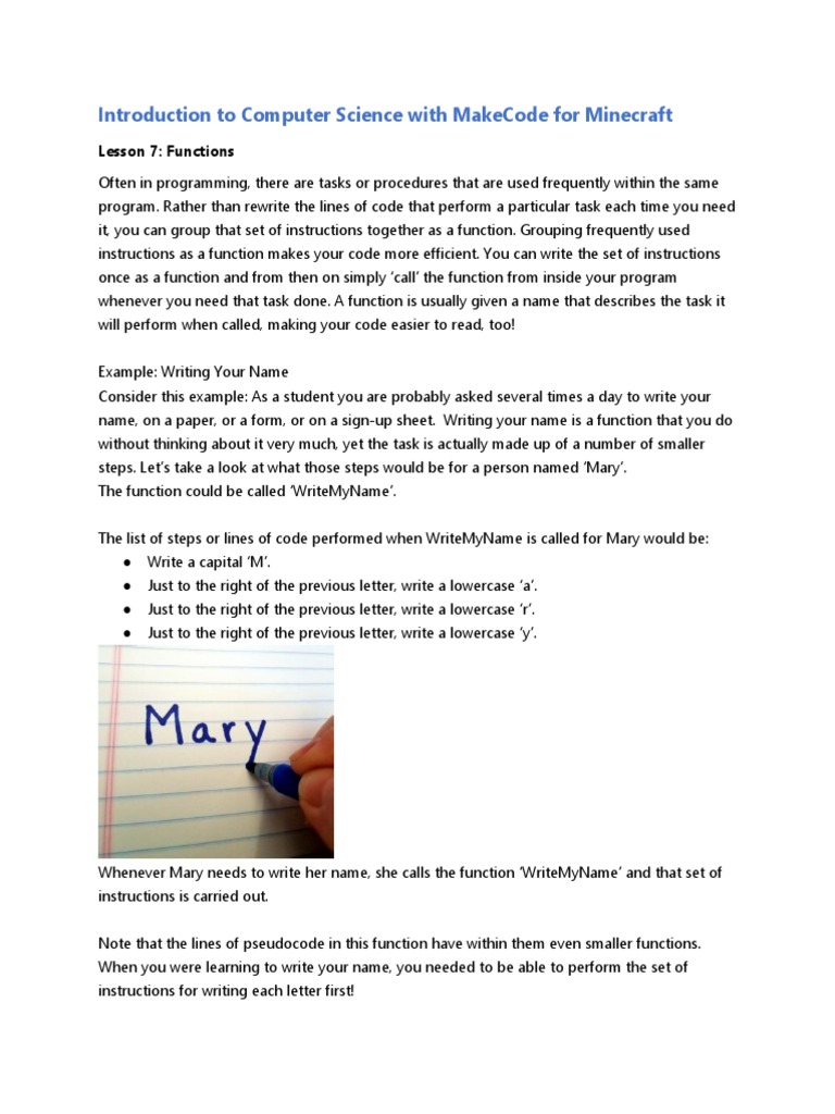 Intro To CS With MakeCode For Minecraft Lesson 7 Functions 1 PDF ...