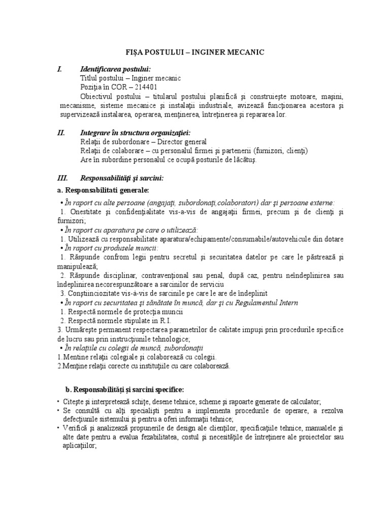 Model Fisa Post Inginer Mecanic | PDF