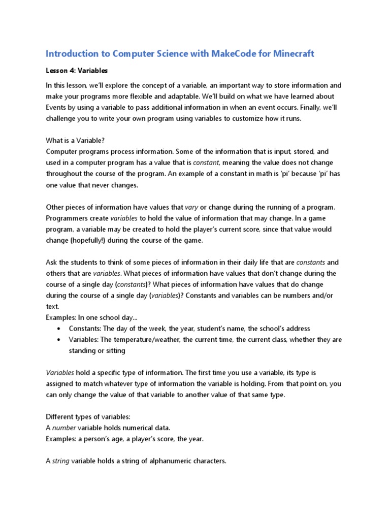Intro To CS With MakeCode For Minecraft Lesson 4 Variables 1 PDF | PDF | Variable (Computer ...