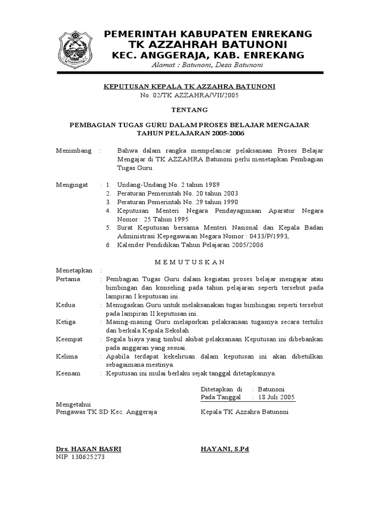 COntoh SK Pembagian Tugas TK PAUD | PDF