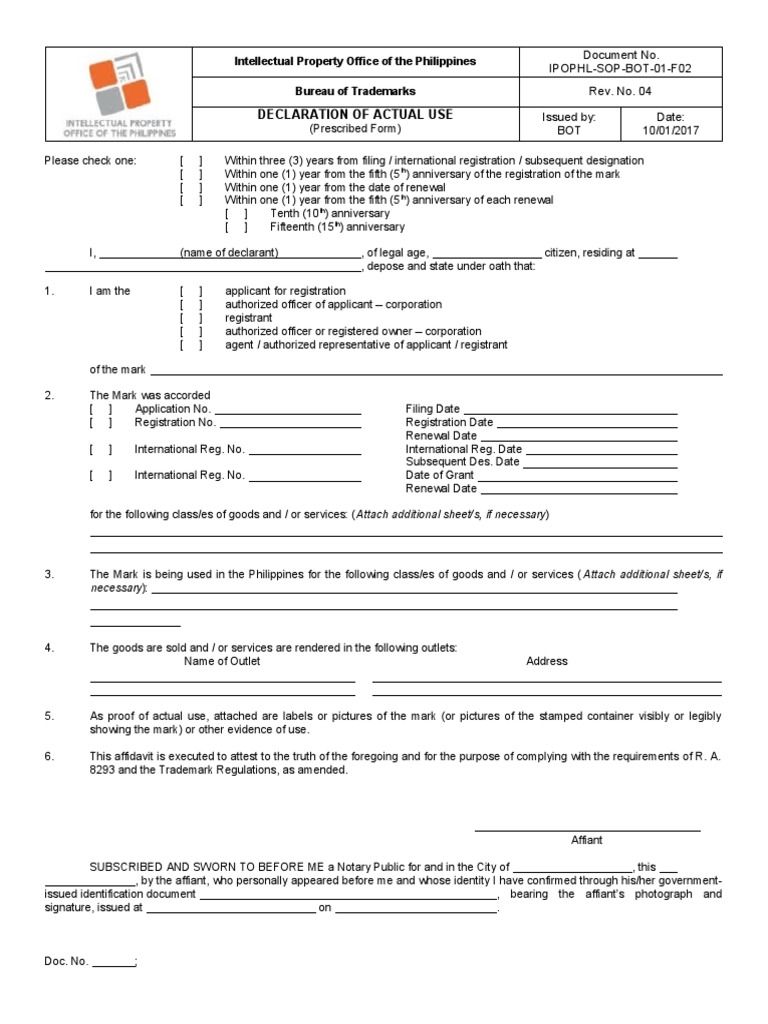 IPOPHL Declaration of Actual Use Form | PDF | Affidavit | Document