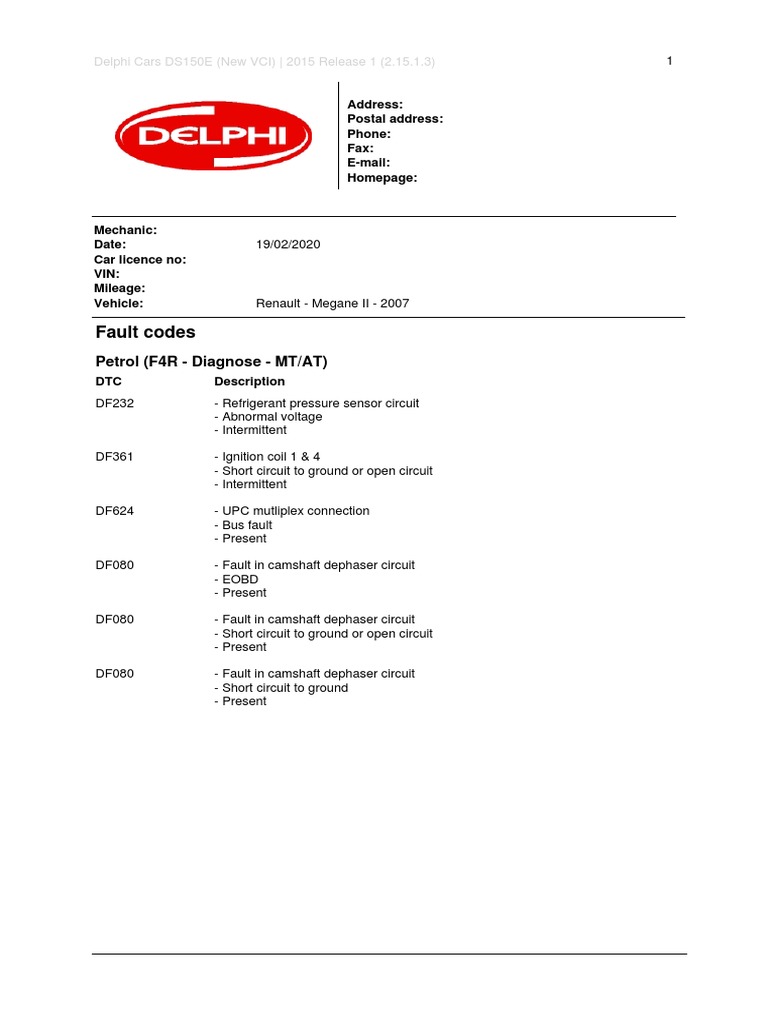 Renault Megane II Fault Codes Summary | PDF