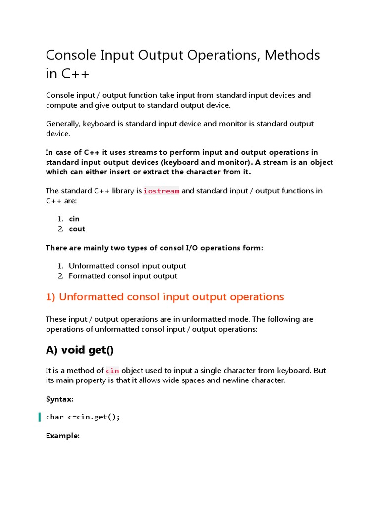 Console Input Output Operations in C++ | PDF | Input/Output | Software ...