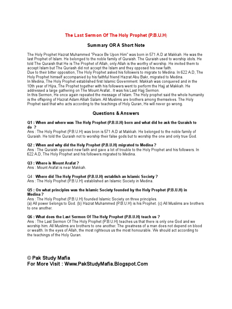 The Last Sermon OF The Holy Prophet | PDF | Prophets And Messengers In ...