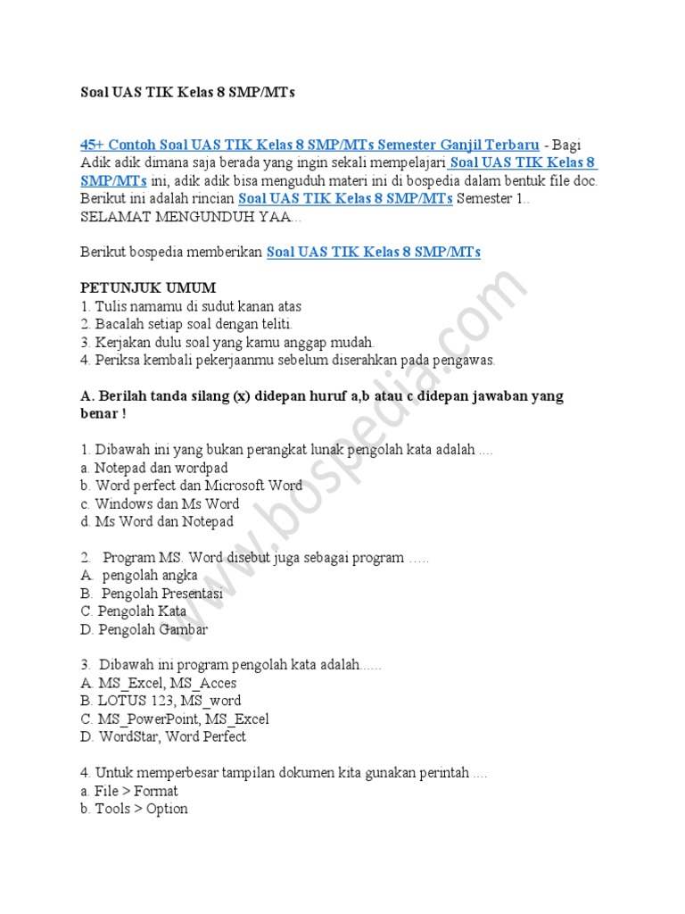 45+ Contoh Soal UAS TIK Kelas 8 SMP MTs Semester Ganjil | PDF | Komputer