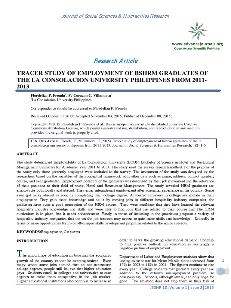 Tracer Study of Employment of BSHRM Graduates of The La Consolacion ...