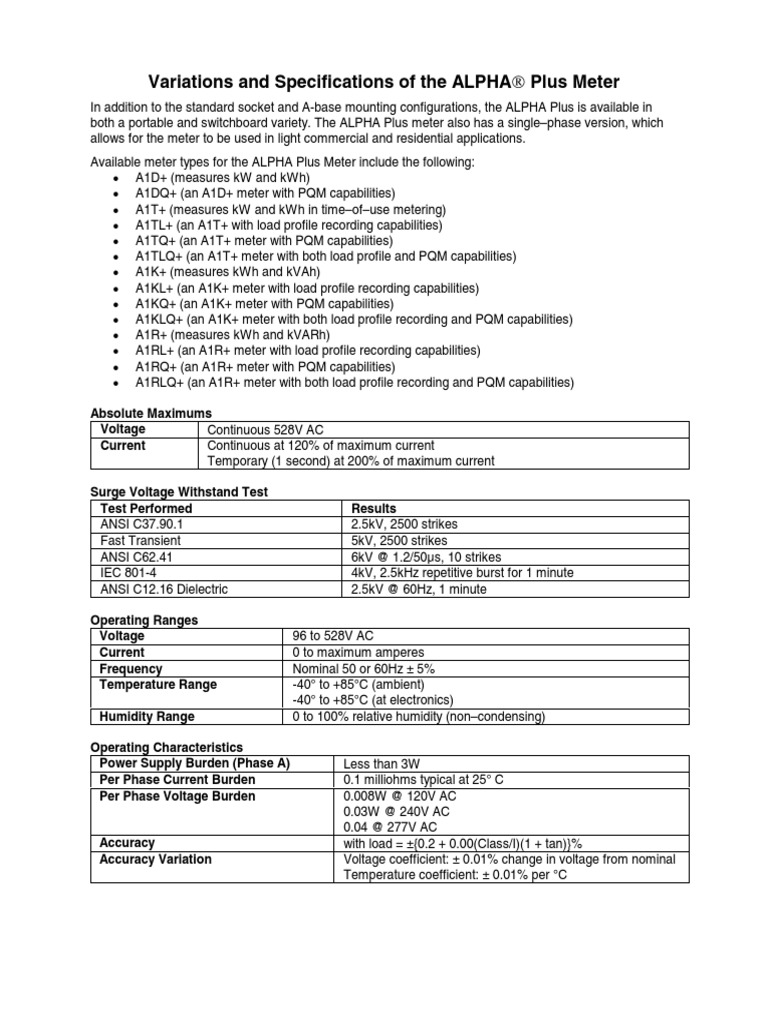 ALPHA Plus Meter Specs & Variants | PDF | Electrical Engineering ...