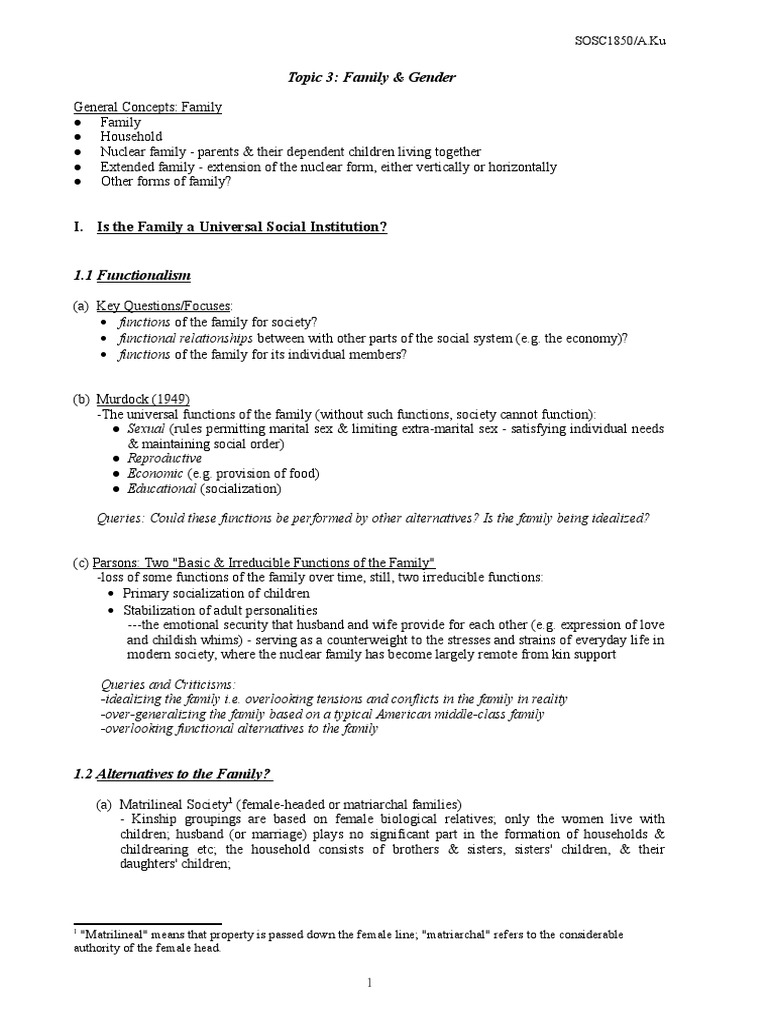 Notes3 (Family & Gender) | PDF | Gender Role | Family