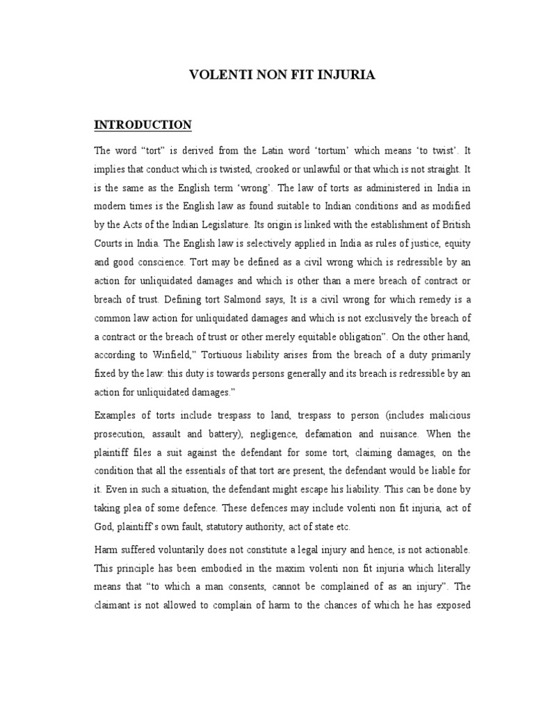 Volenti No Fit Injuria-Torts | PDF | Tort | Consent