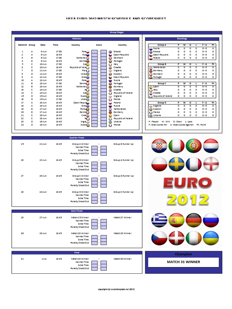 UEFA EURO 2012 Schedule and Scoresheet With Flag V3.01 | PDF | Sports ...