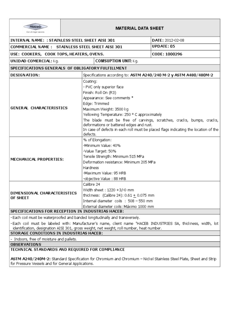 Material Data Sheet Stainless Steel Sheet Aisi 301 | PDF | Stainless ...