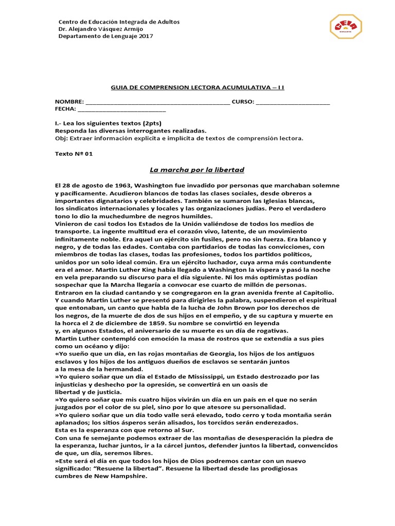 Guia de Comprension Lectora Acumulativa Ii | PDF | Martin Luther King ...
