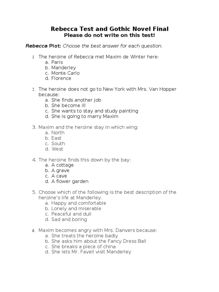 Rebecca Test and Gothic Novel Final | PDF