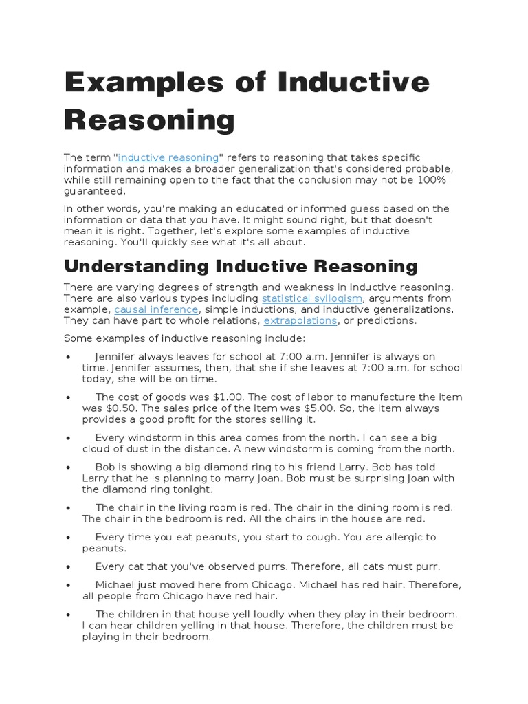 Inductive Reasoning Real Life Examples