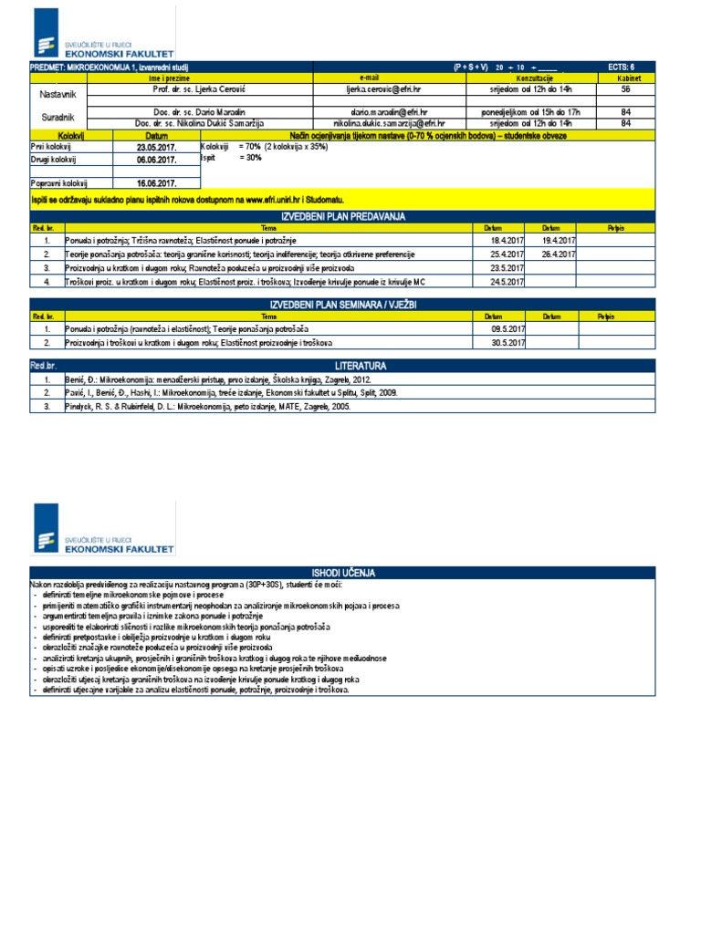 Izvedbeni Plan Nastave Za Izvanredni Studij | PDF
